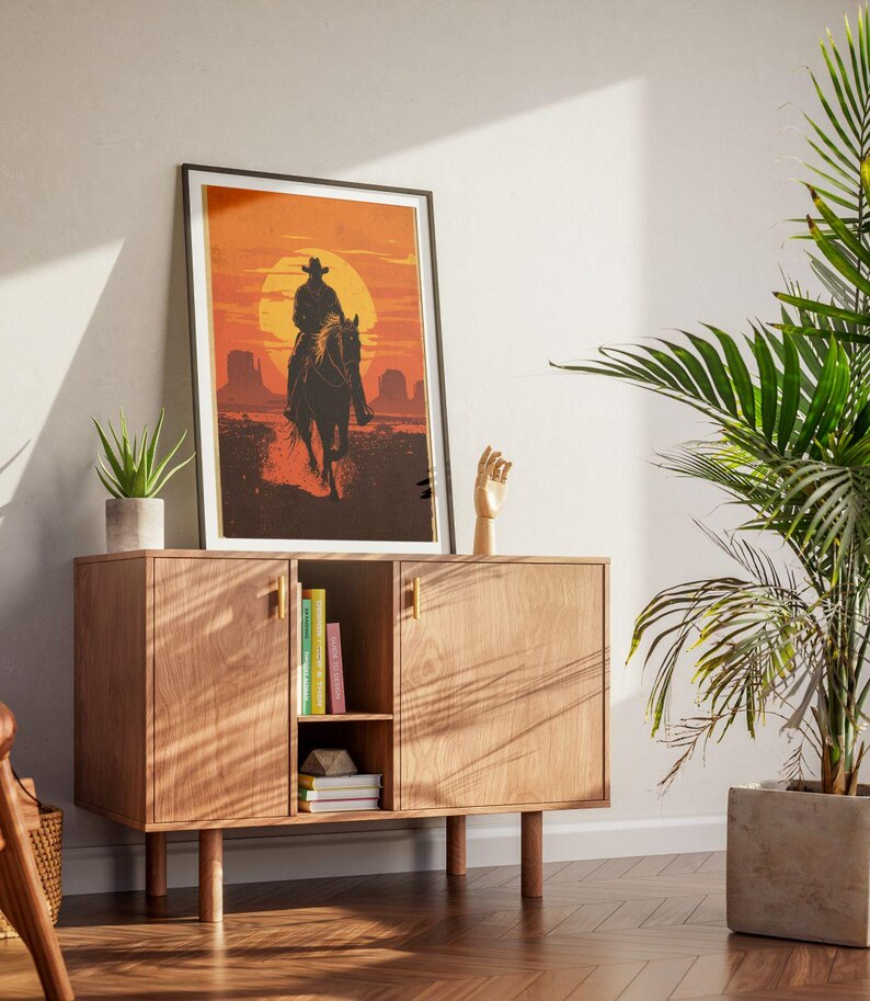 Western Cowboy Sunset Wall Art Print, Vintage American West Desert ...