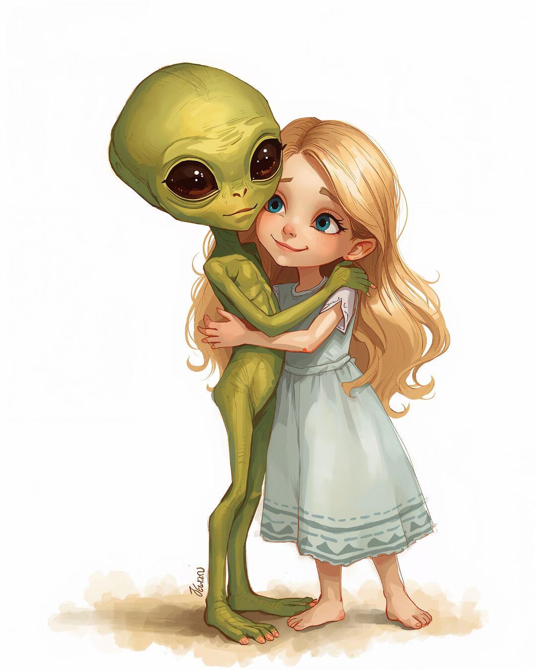 Alien and Little Girl Hug – Whimsical Fantasy Art Print | Nursery Wall ...