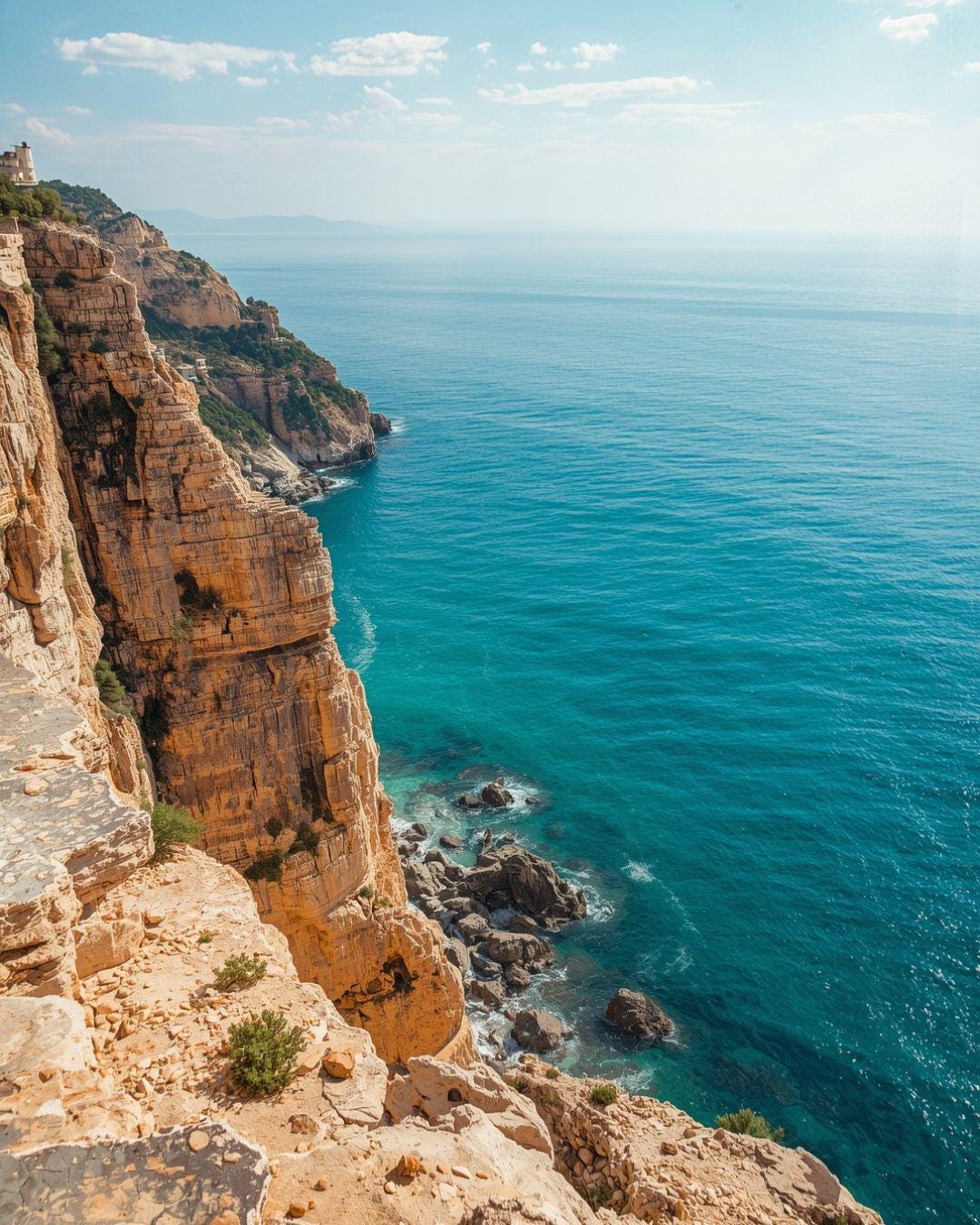 Mediterranean Coastal Cliff Painting – Turquoise Sea, Sunlit Rocks ...
