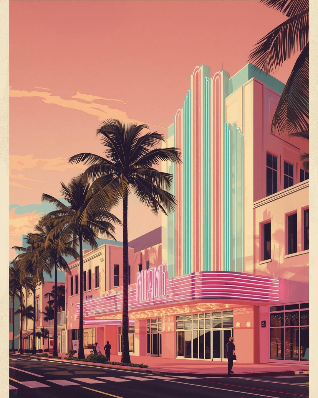 Miami Art Deco Sunset Poster, Retro Neon Palm Street Wall Art - Etsy