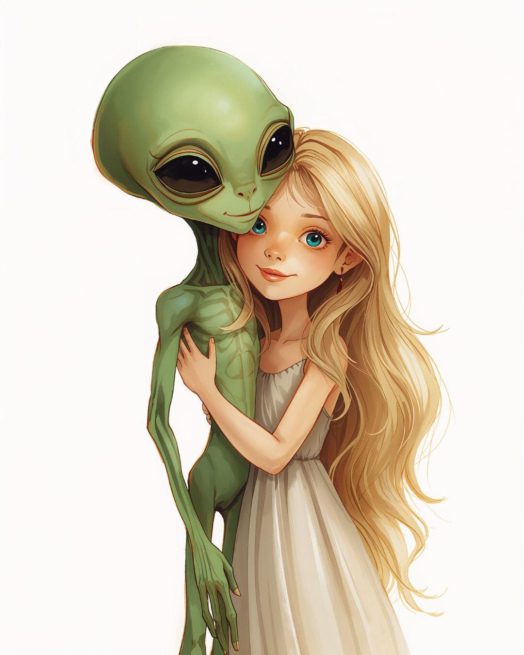 Alien Hug With Blonde Girl – Fantasy Wall Decor, Pastel Nursery Poster ...