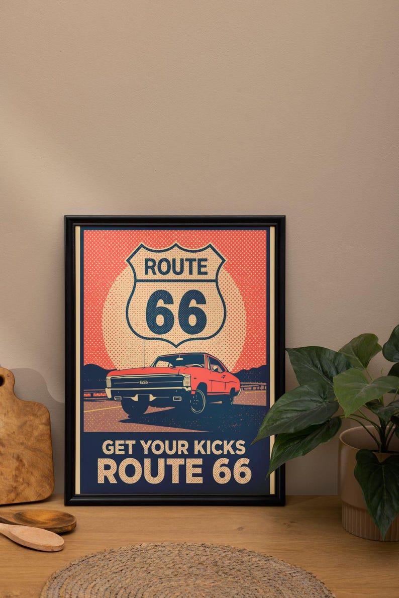 Route 66 Vintage Muscle Car Poster – Retro American Road Trip Wall Art ...