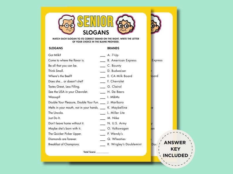 Senior Slogans Game, Funny Printable Trivia and Brain Teasers for ...