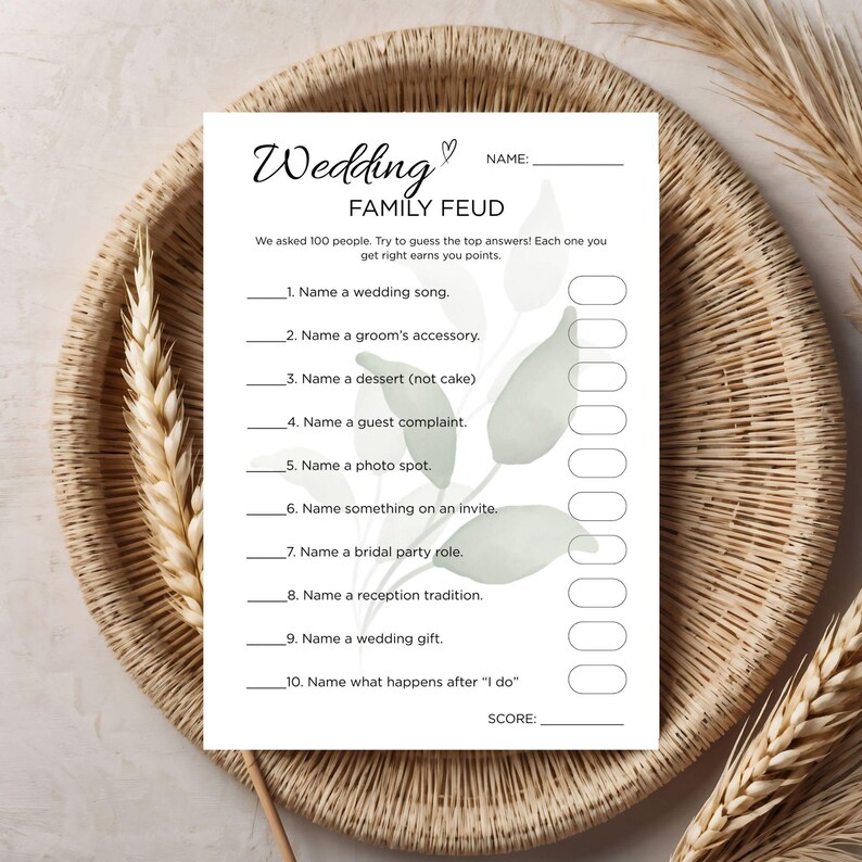 Wedding Family Feud Game | Botanical Watercolor Printable | Fun ...