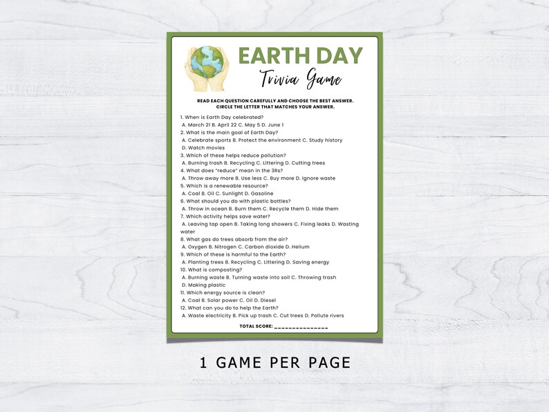 Earth Day Quiz Printable Game, Environmental Trivia Worksheet for Kids ...