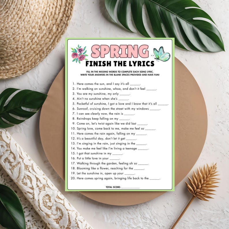 Spring Finish the Lyrics Game Printable, Trivia Party Game for Kids ...