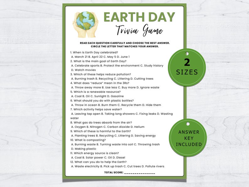 Earth Day Quiz Printable Game, Environmental Trivia Worksheet for Kids ...