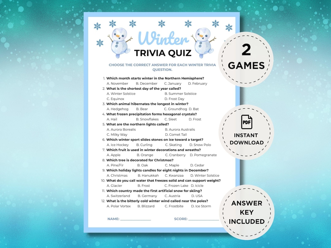 Winter Trivia Game, Printable Winter Games for Adults and Kids, Holiday ...