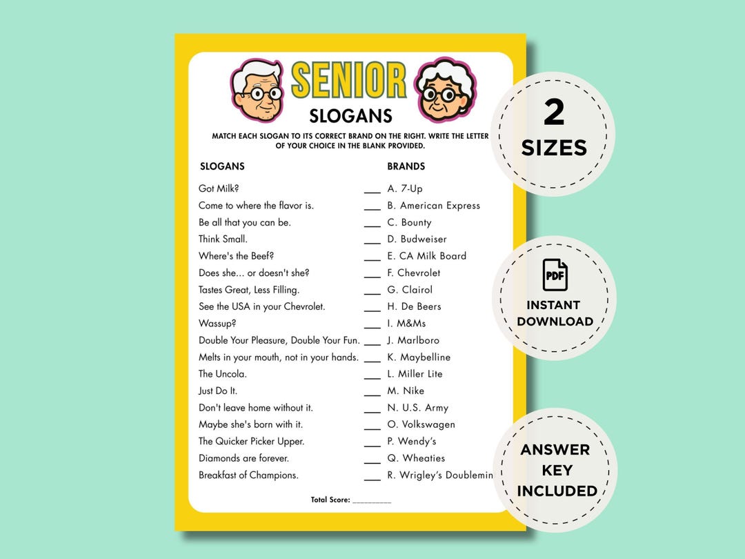Senior Slogans Game, Funny Printable Trivia and Brain Teasers for ...
