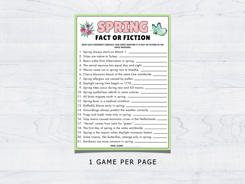 Spring Trivia Game & Fact or Fiction Game Printable, Spring Party Game ...