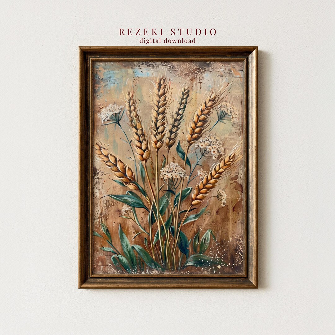 Vintage Wheat Botanical Print - Rustic Farmhouse Kitchen Art (digital ...