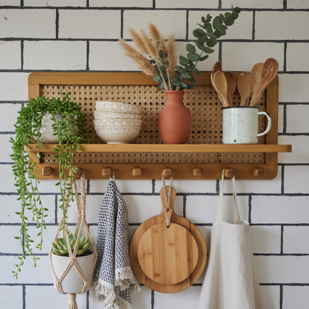 Handmade Natural Wood & Cane Woven Wall Shelf | Bamboo Rattan Shelf ...