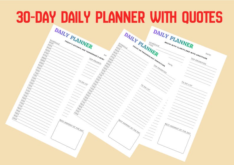 Daily Planner – Printable 30 Days Task Manager With Quotes (a4/a5 ...