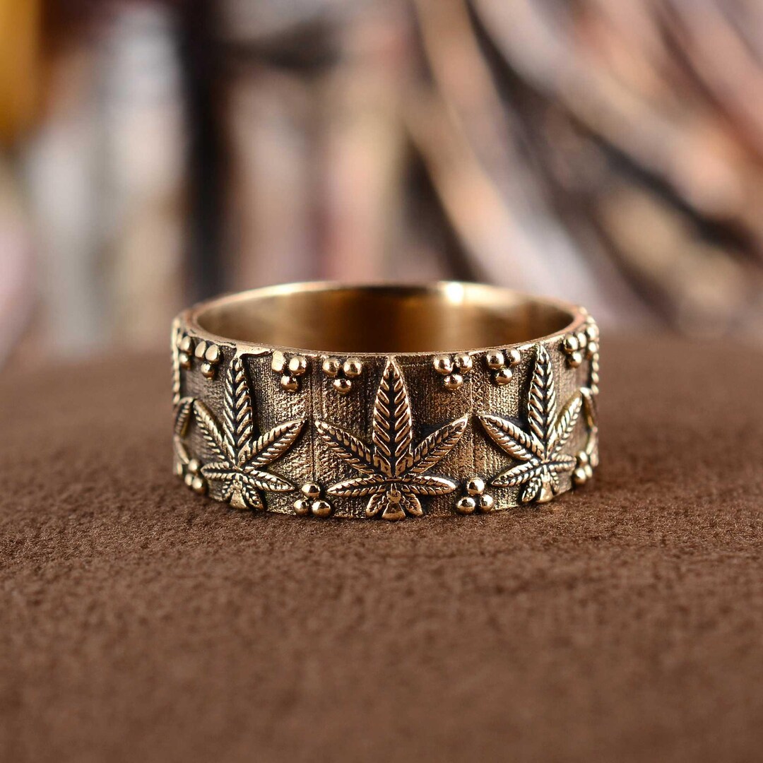 Vintage Floral Leaf Pattern Band Ring | Boho Brass Wide Ring for Women ...