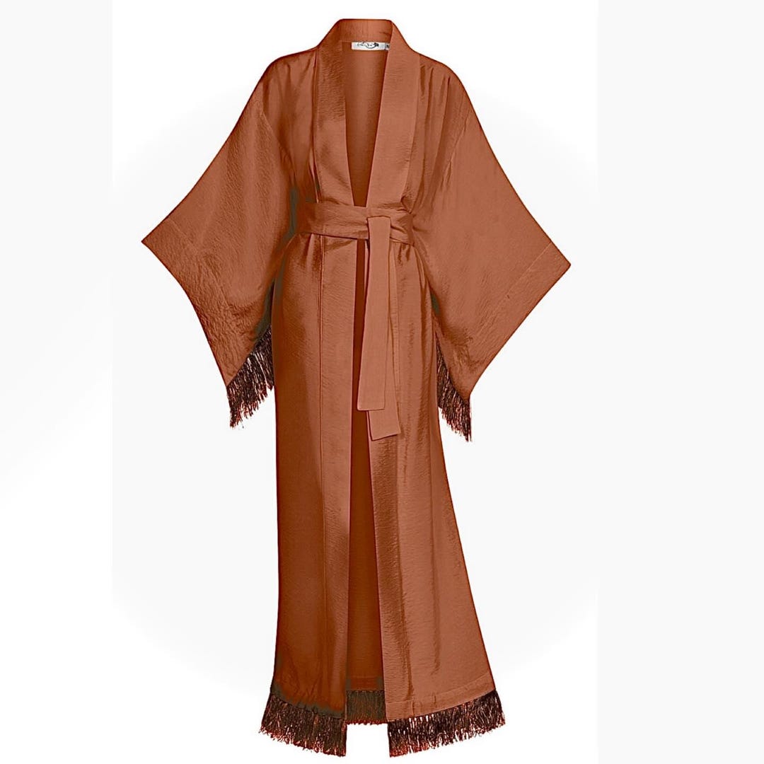 Boho Caramel Kimono Robe – Chocolate Kaftan Dress, Fringe Tunic, Lounge ...