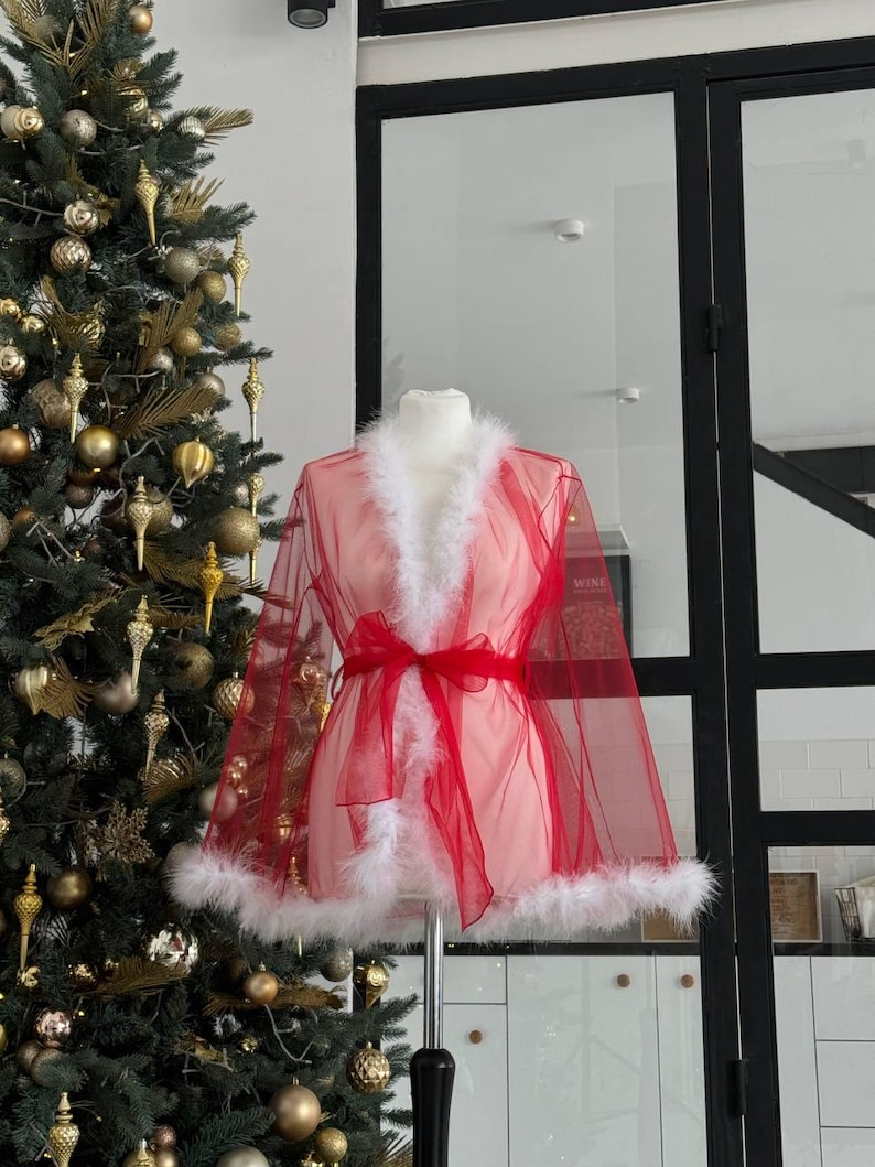 Red Sheer Santa Robe: Feather Trim, Santa Hat - Holiday Costume - Etsy