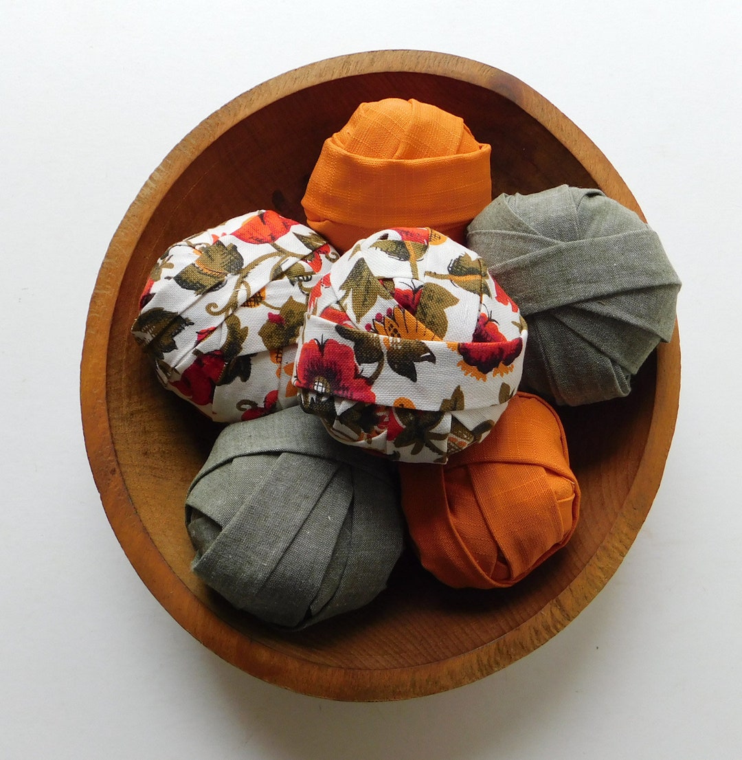 6 Vintage Rag Balls Red Orange Green Fabric Strips Primitive Farmhouse ...