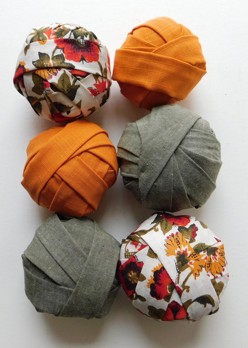 6 Vintage Rag Balls Red Orange Green Fabric Strips Primitive Farmhouse ...