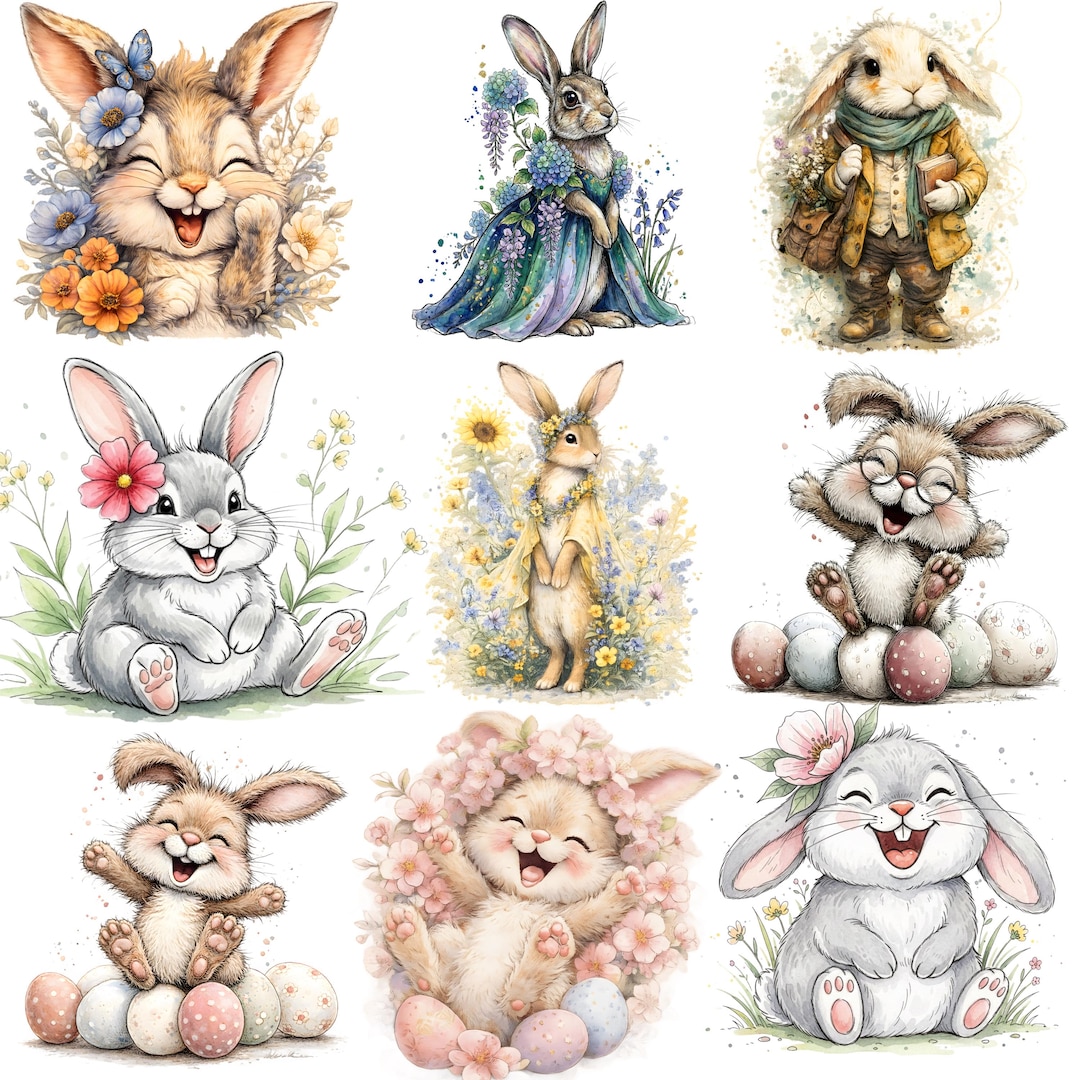 22 Cute Easter Bunny Watercolor Clipart PNG: Floral Rabbit Illustration ...