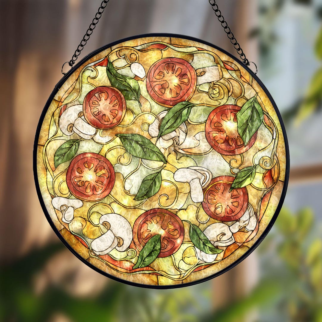 Pizza Stained Glass Suncatcher, Round Window Hanging, Tomato Basil ...