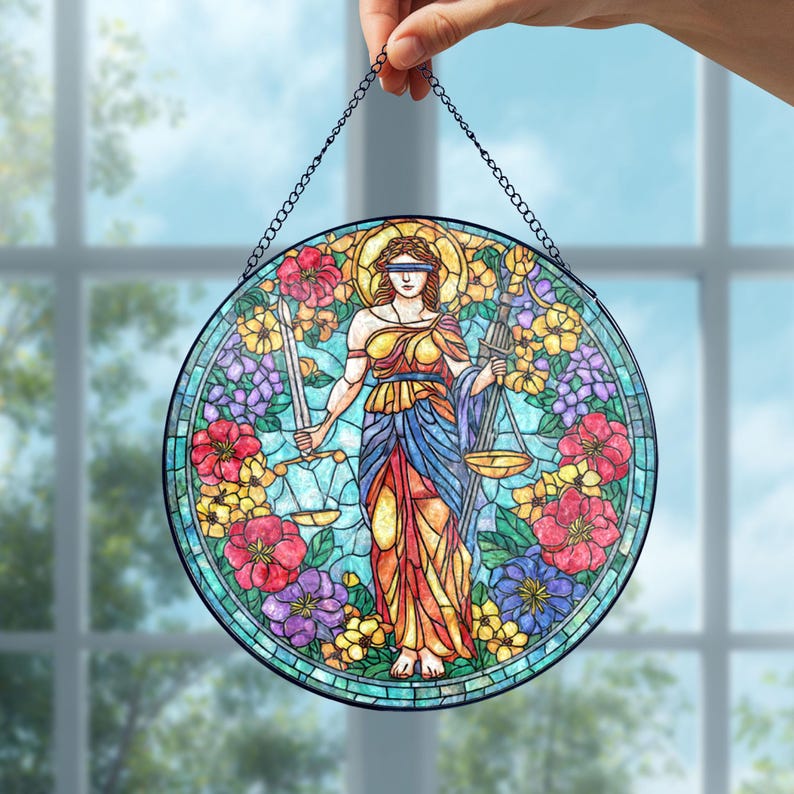 Lady Justice Stained Glass Suncatcher, Goddess of Justice Window ...