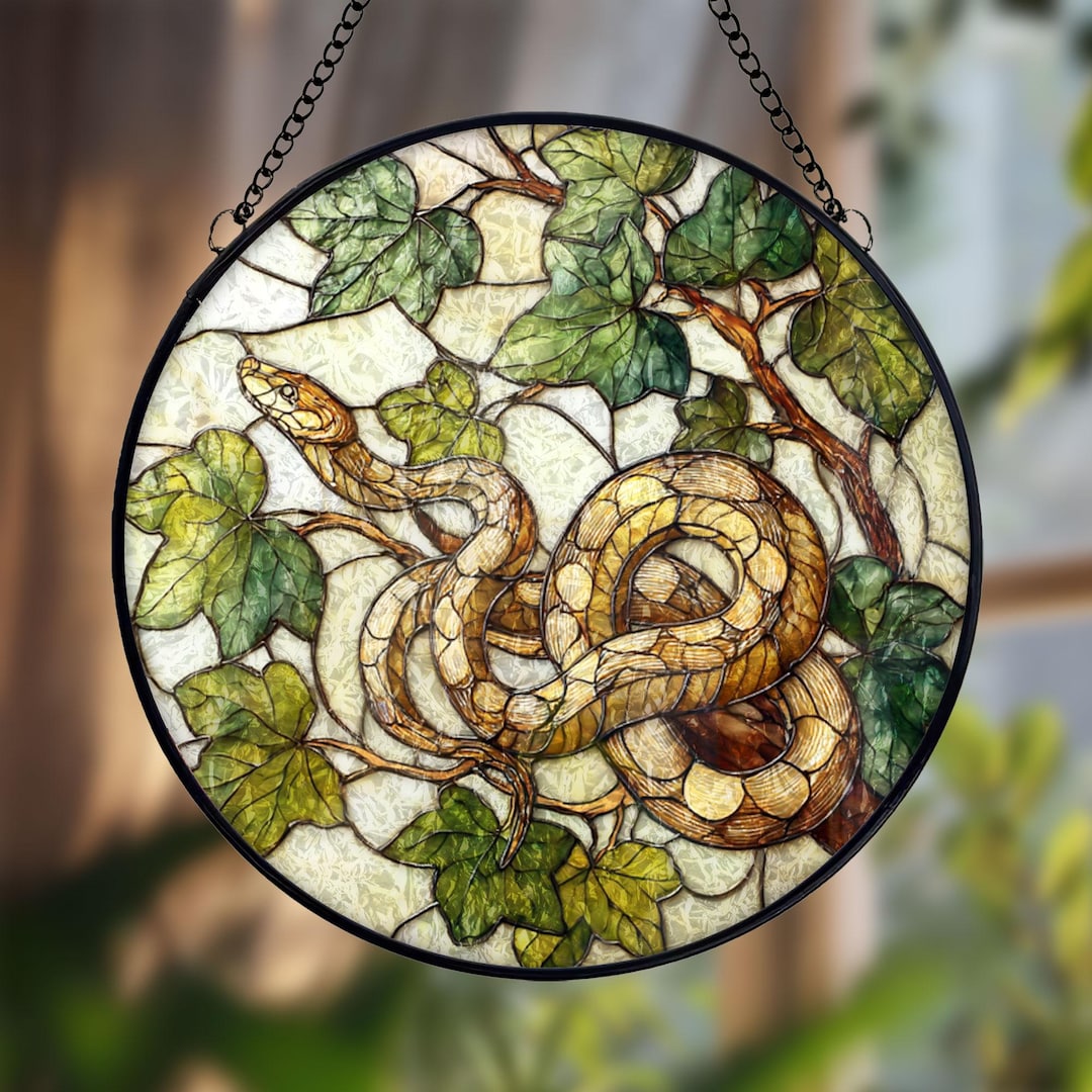 Snake Stained Glass Suncatcher, Serpent on Tree Branch Window Hanging ...