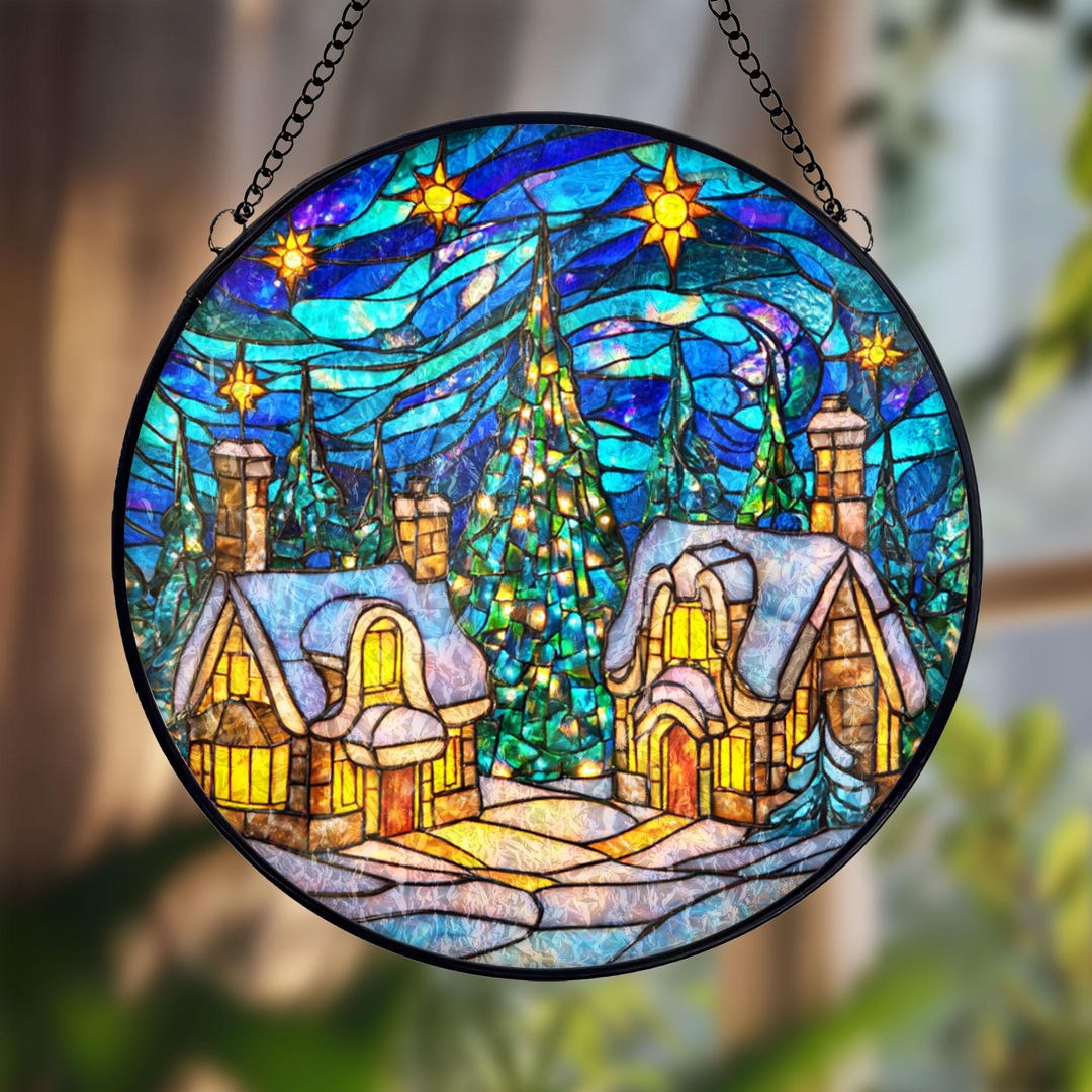 Christmas Village Stained Glass Suncatcher, Winter Cottage Window ...