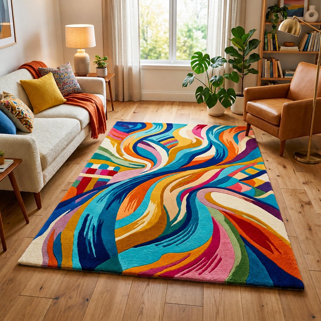 Colorful Abstract Area Rug: Modern Boho Vibrant Large Living Room ...