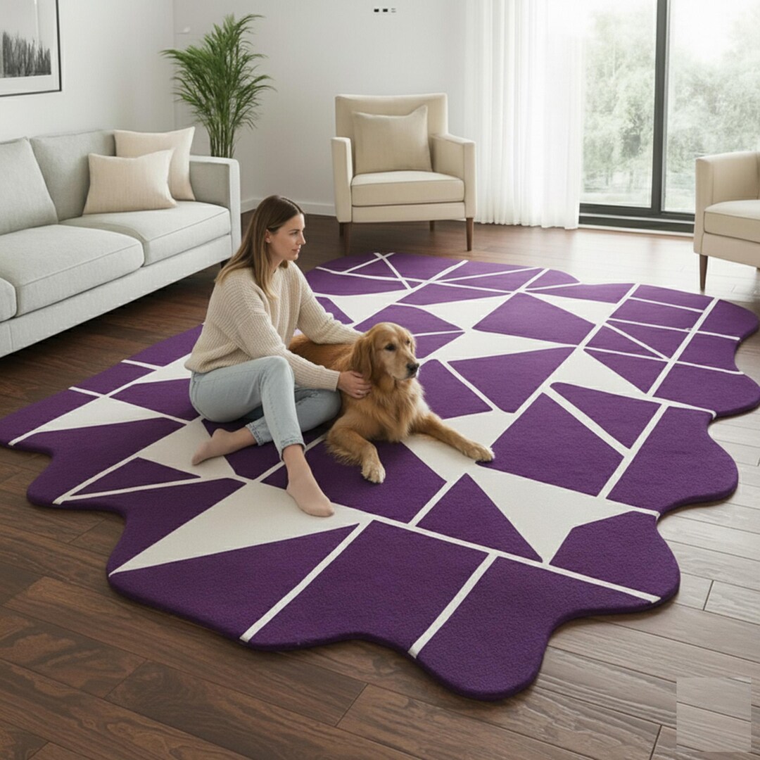 Modern Purple Geometric Rug – Wavy Edge Statement Piece for Artistic ...
