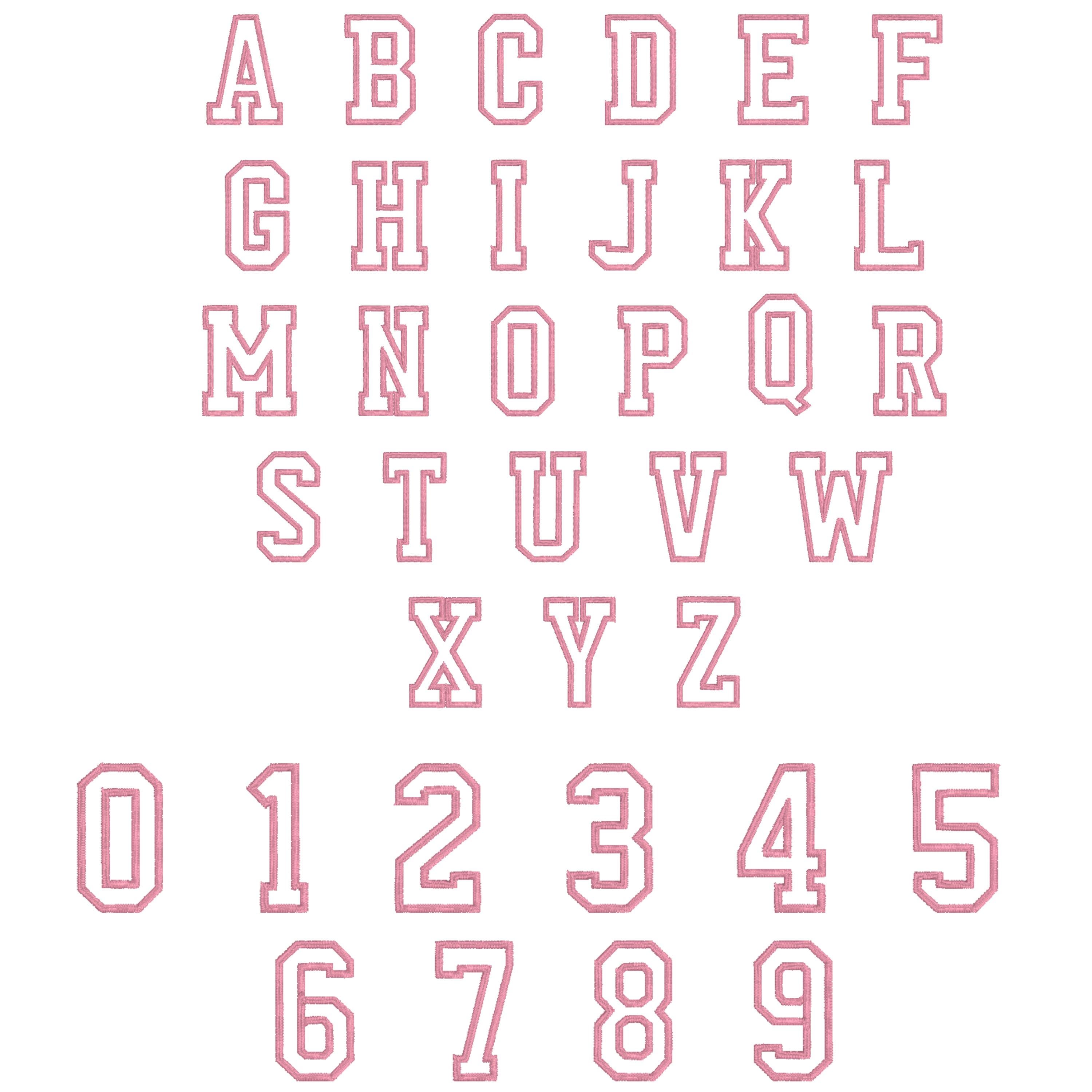 Outline Varsity Embroidery Font, Collegiate Alphabet With Numbers ...