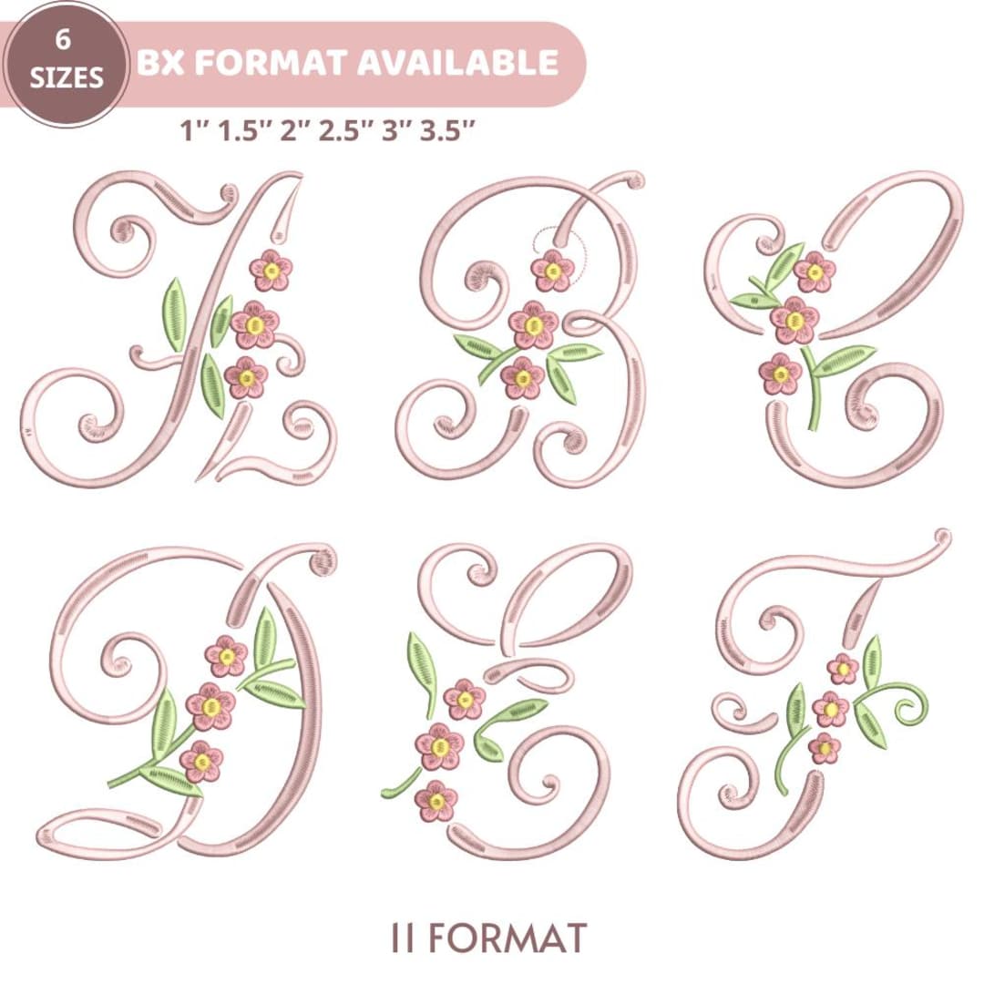Floral Script Embroidery Font, Swirly Monogram With Flowers, Spring ...