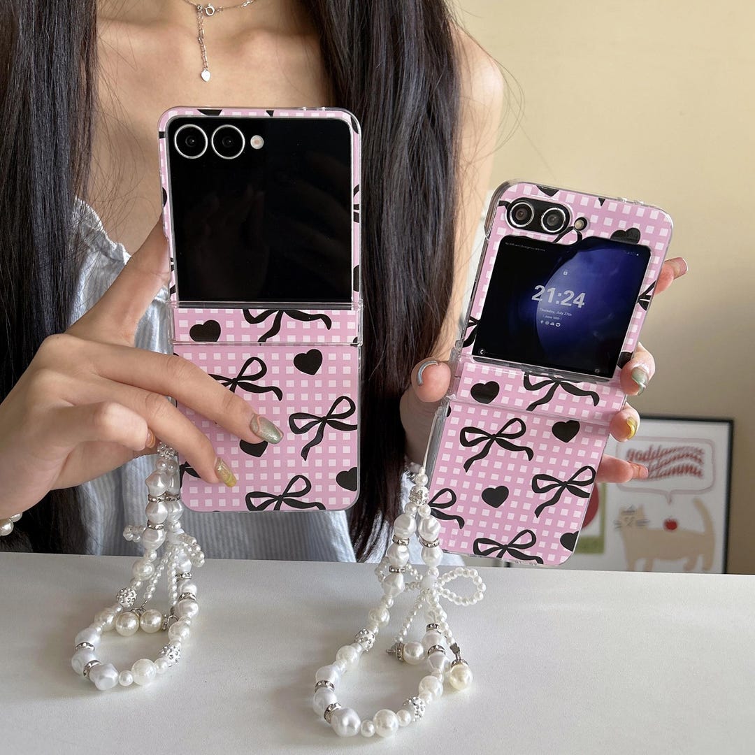 Pink Checkered Bow Phone Case With Strap for Samsung Z Flip 7/6/5/4/3 ...