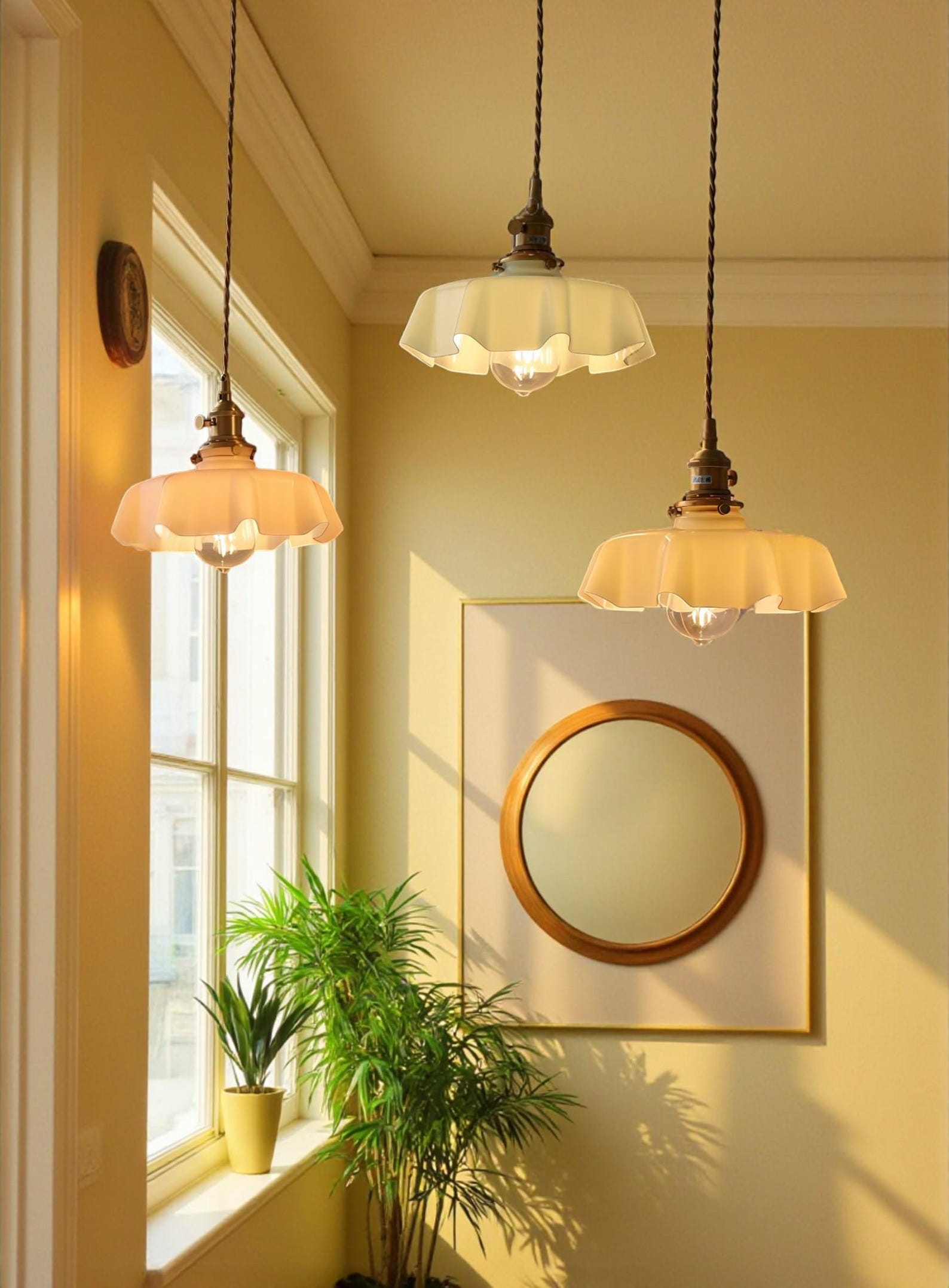 Vintage Scalloped Milk Glass Pendant Light: Antique Brass Cottagecore ...