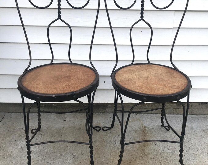 Pair of Vintage Ice Cream Parlor Chairs Wrought Iron With Wooden Seats ...