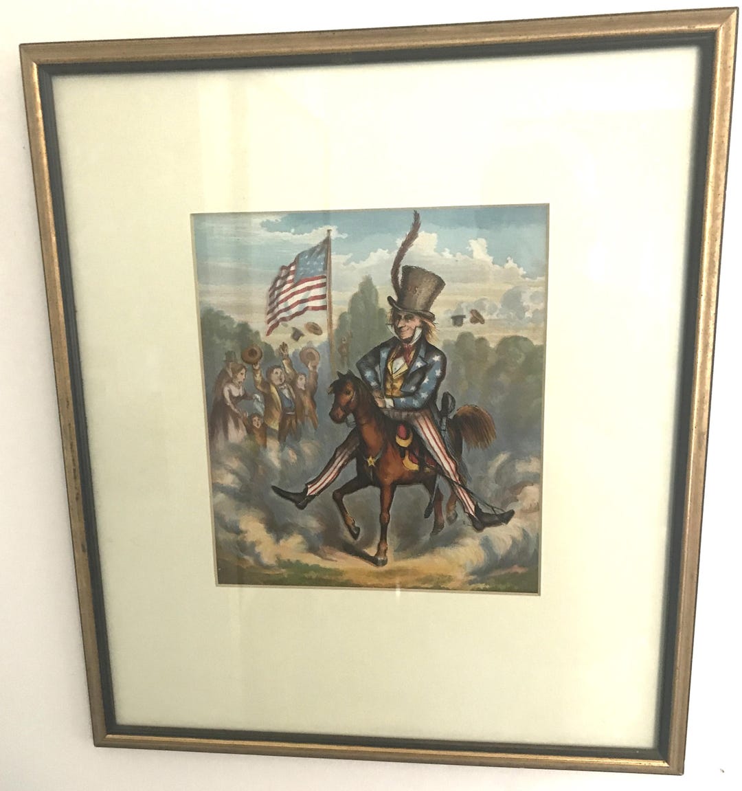 Antique Chromolitho Print Uncle Sam Riding on a Pony. Framed Under ...