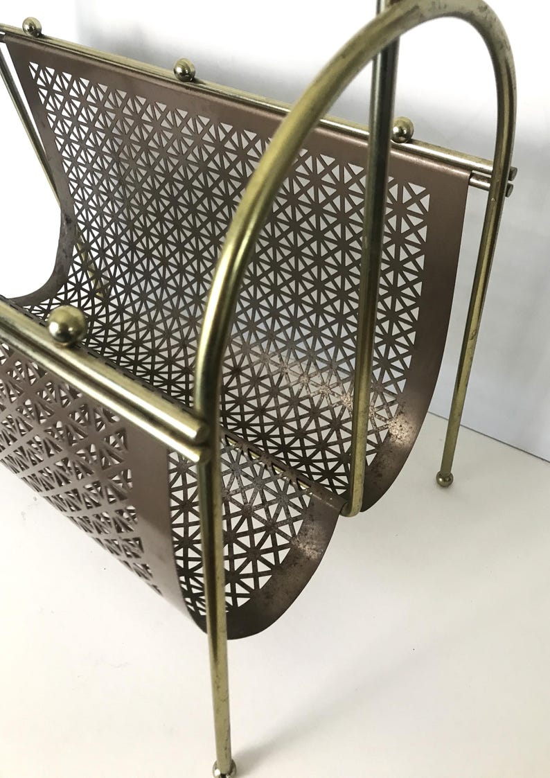 Vintage MCM Magazine Rack Brass Metal With Teak Handle - Etsy