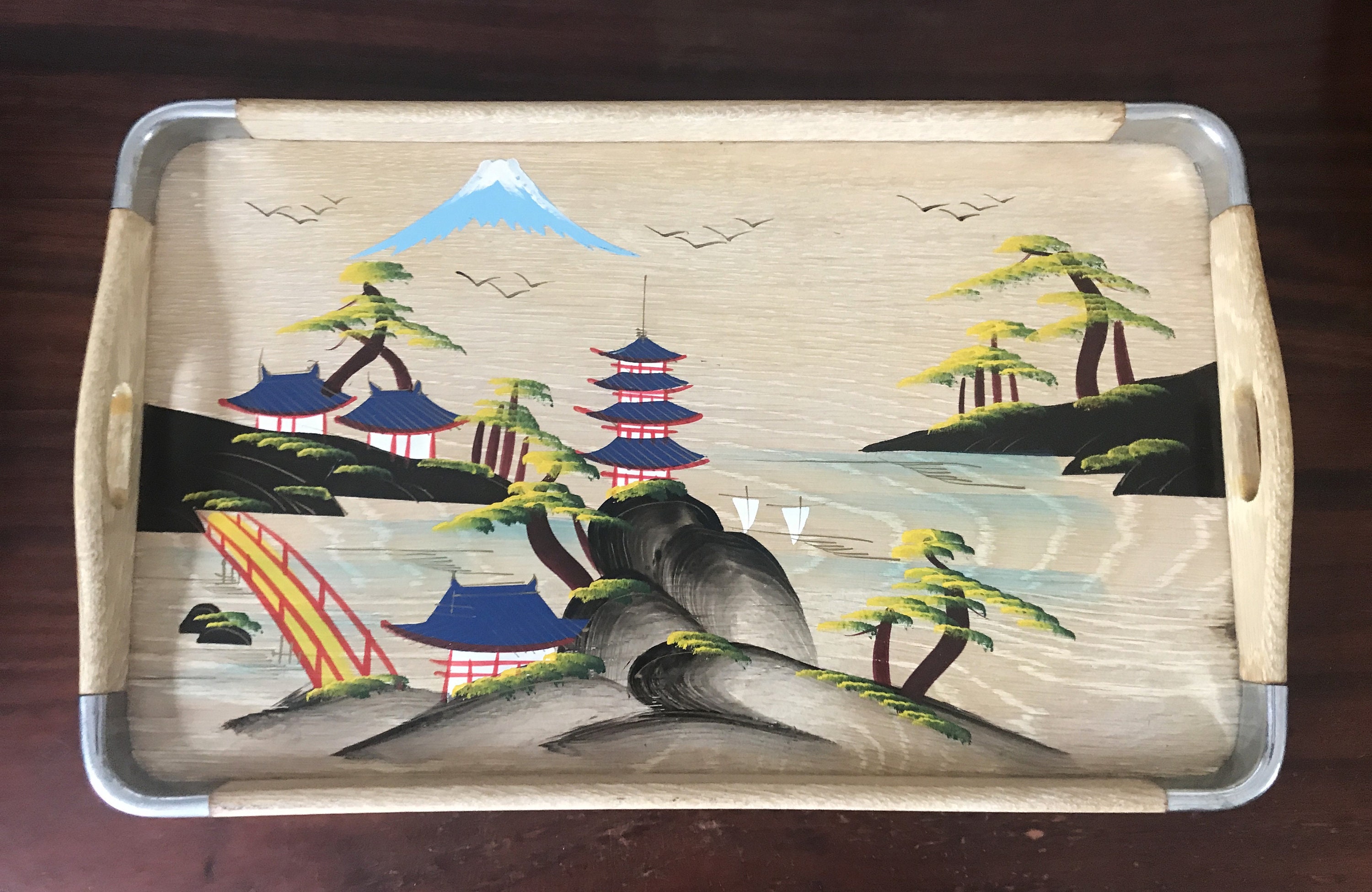 Vintage Japanese Serving Tray Hand Painted Mt. Fuji and Pagodas - Etsy