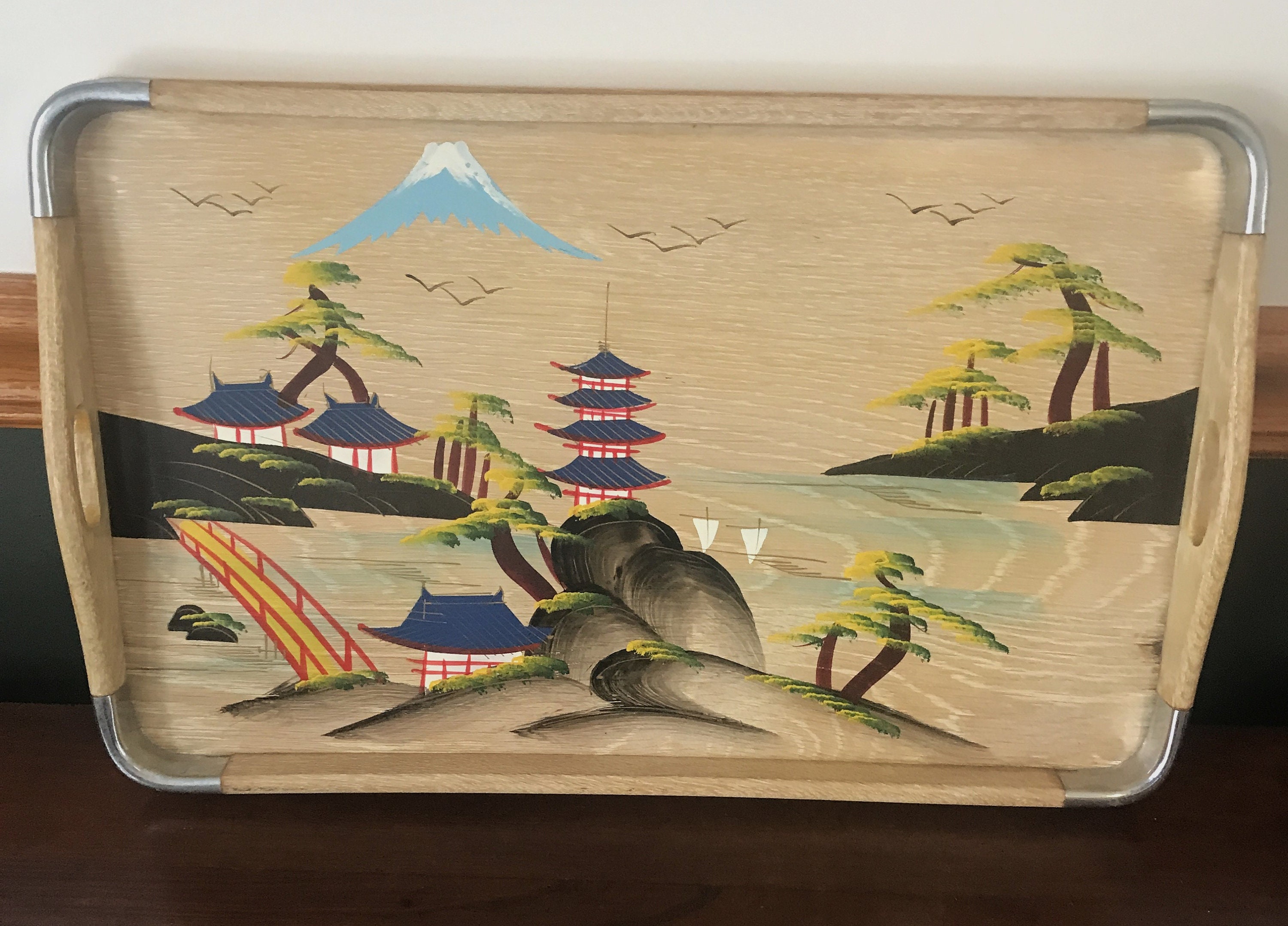 Vintage Japanese Serving Tray Hand Painted Mt. Fuji and Pagodas - Etsy