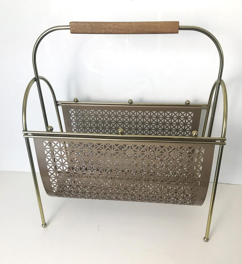 Vintage MCM Magazine Rack Brass Metal With Teak Handle - Etsy