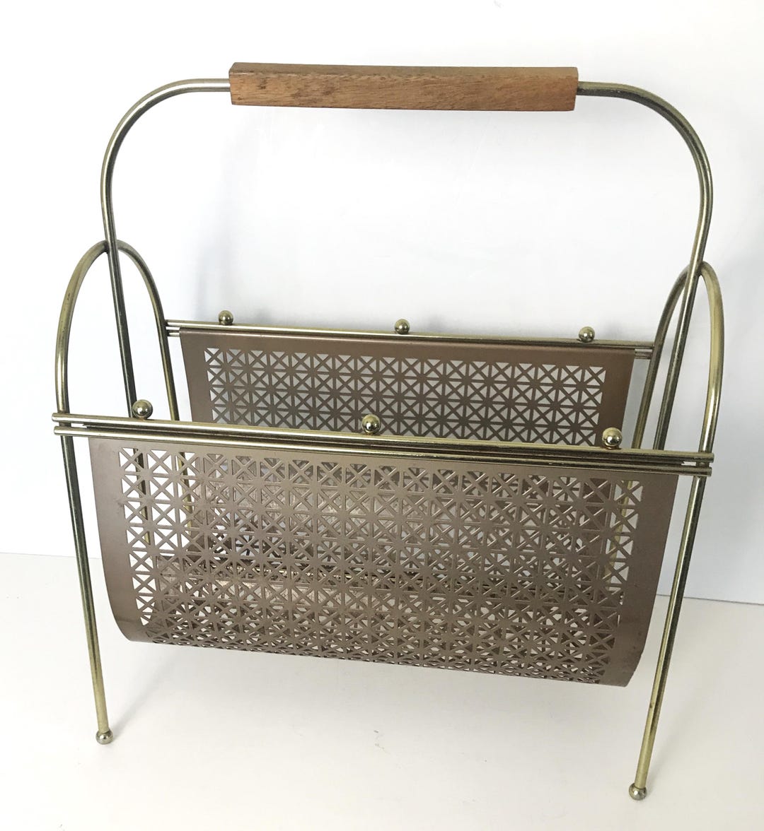 Vintage MCM Magazine Rack Brass Metal With Teak Handle - Etsy
