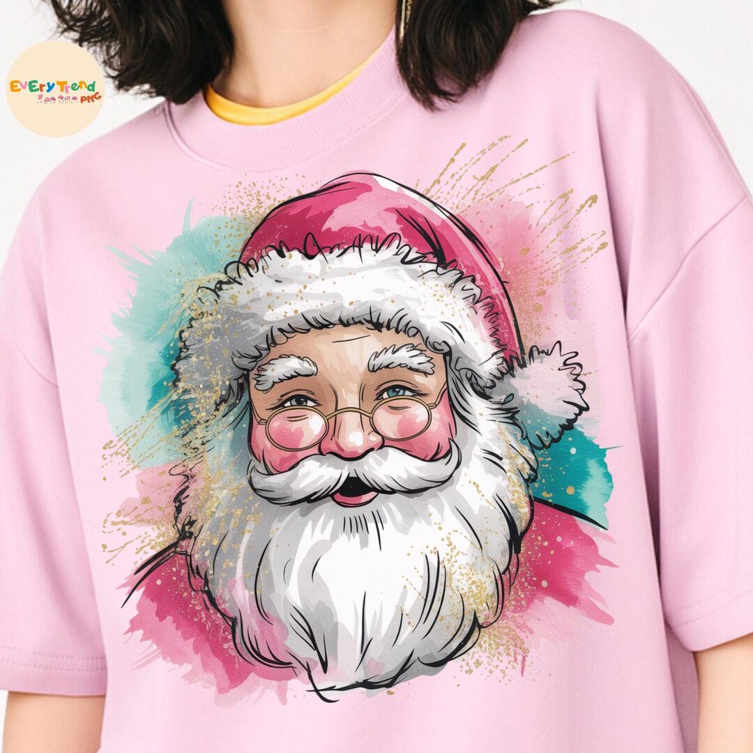 Colorful Santa Face PNG, Watercolor Paint Splash Christmas Shirt Design ...