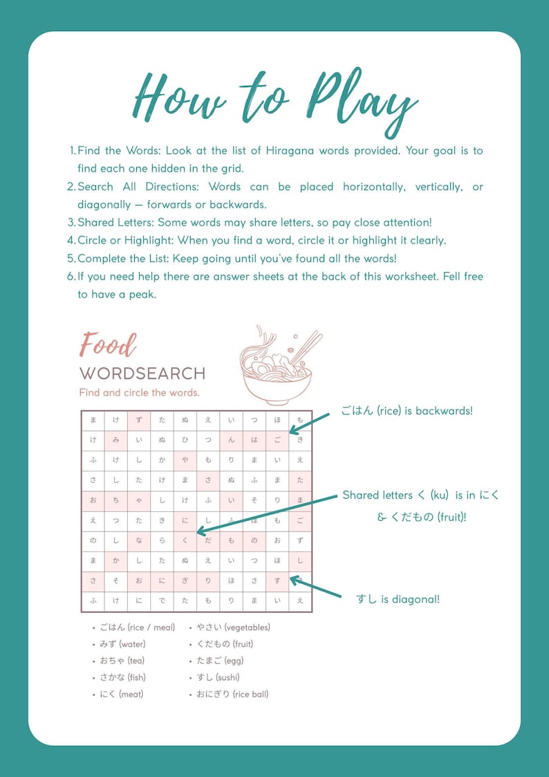Hiragana Word Search Puzzle: Japanese Vocabulary Practice (digital PDF ...
