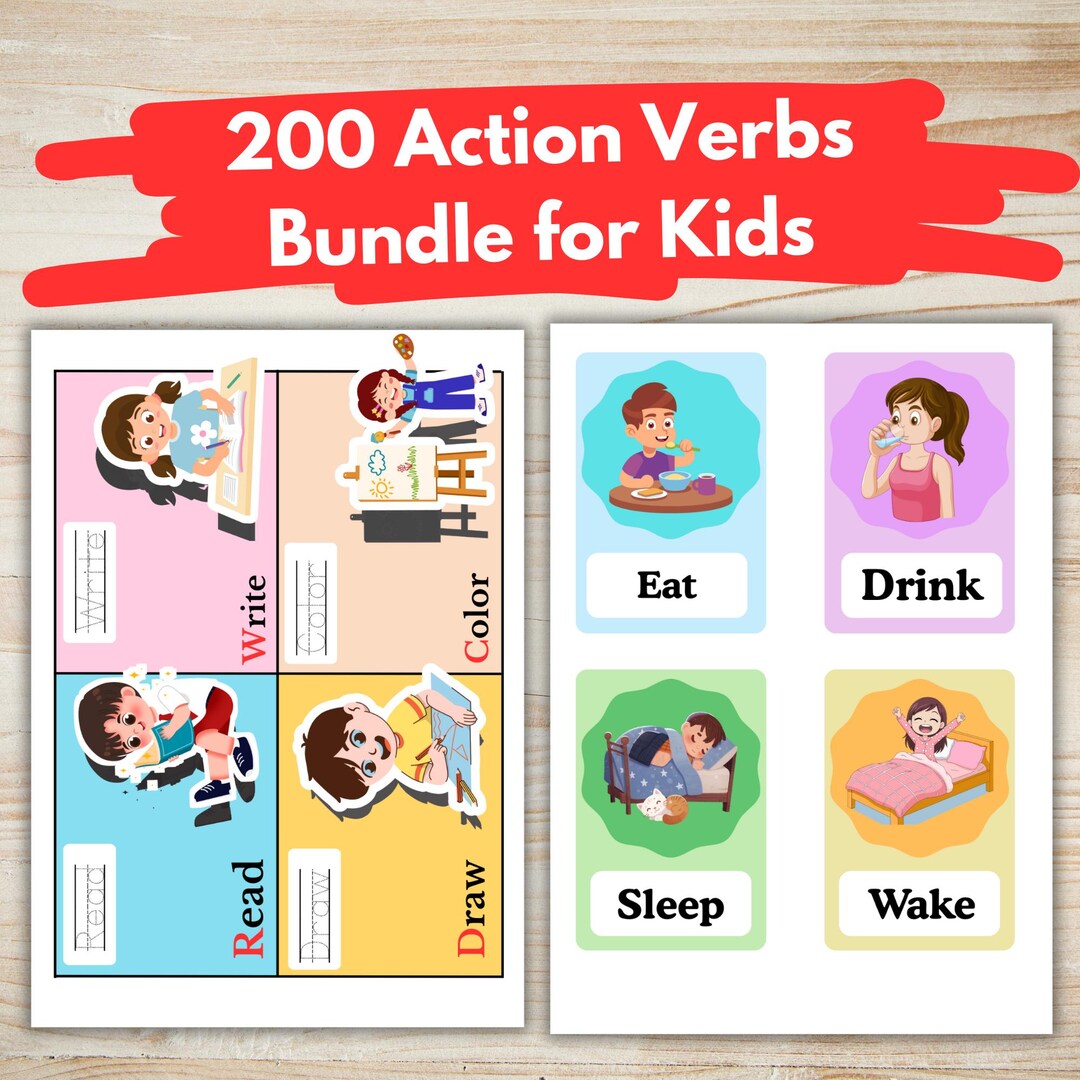 200 Action Verbs Bundle for Kids | Flashcards + Worksheets | Shadow ...