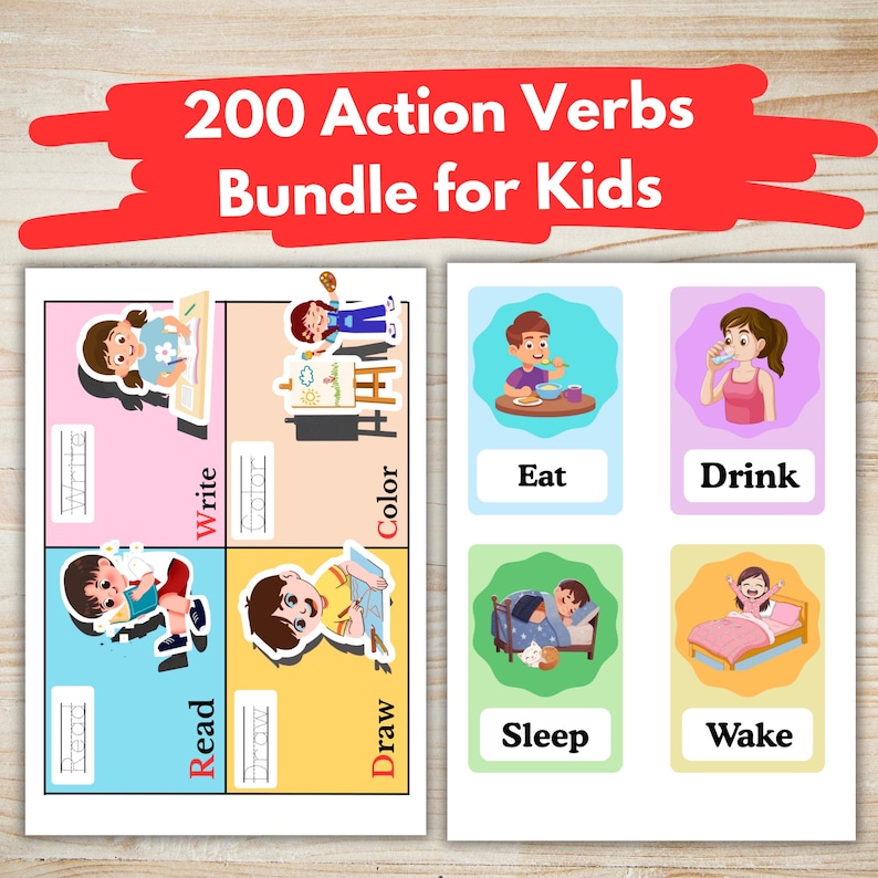 200 Action Verbs Bundle for Kids | Flashcards + Worksheets | Shadow ...
