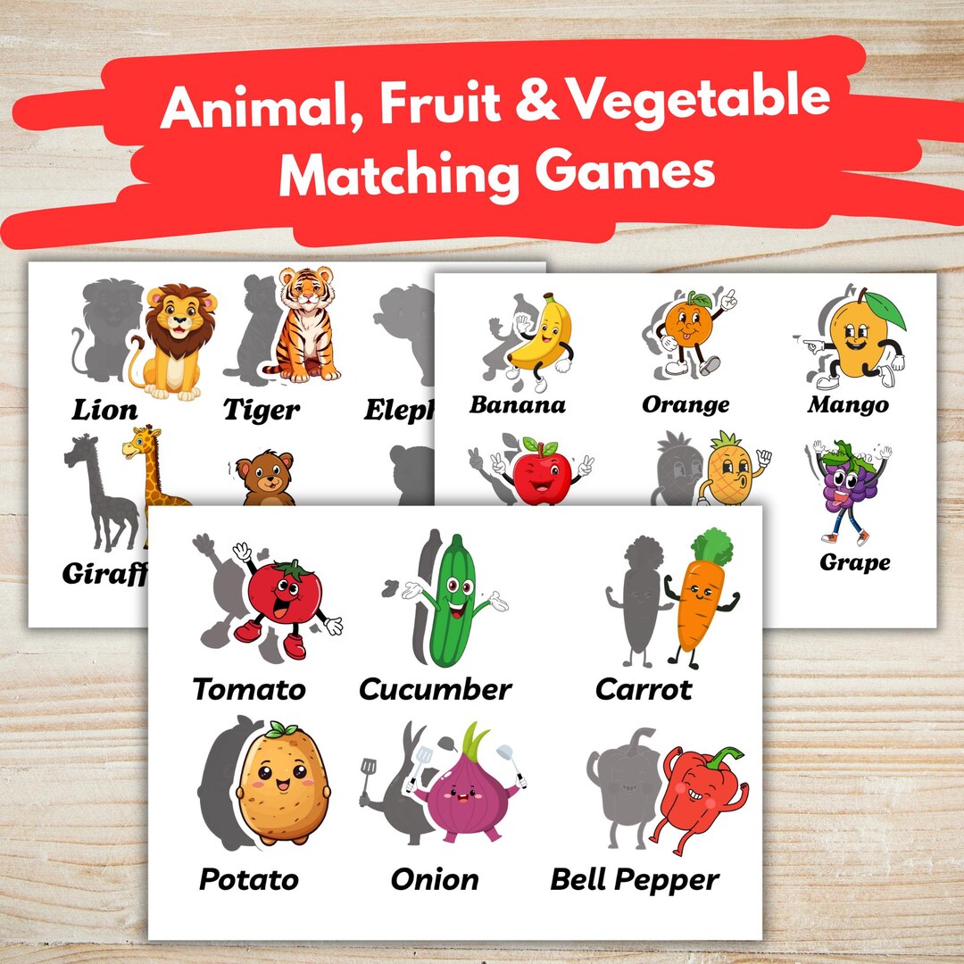 Animal, Fruit & Vegetable Matching Games Bundle for Kids | Preschool ...