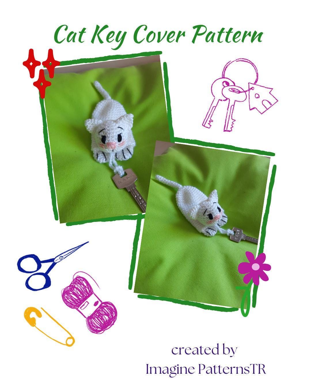 Crochet Cat Key Cover Pattern Amigurumi Keychain PDF Tutorial for Cat ...