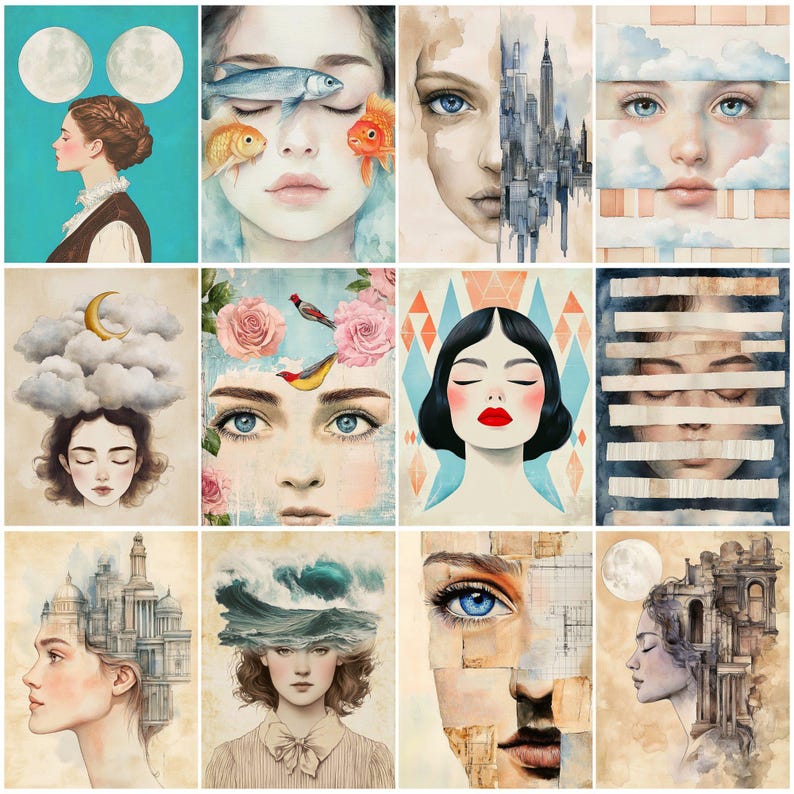 Vintage Surreal Faces Collage, Printable Junk Journal Pages (digital ...
