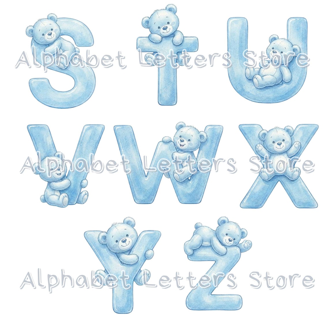 Blue Teddy Bear Alphabet PNG, Cute Baby Boy Letters and Numbers for ...