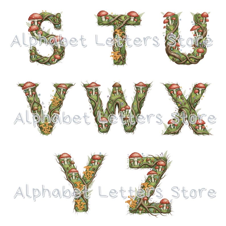 Mushroom Alphabet, Cottagecore Font, Forest Flora Letters, Woodland ...