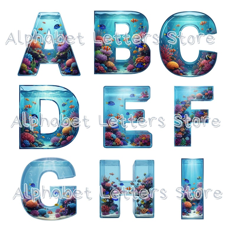 Fish Font, Ocean Alphabet, Aquarium Fish Clipart, Sea Letters, Marine ...